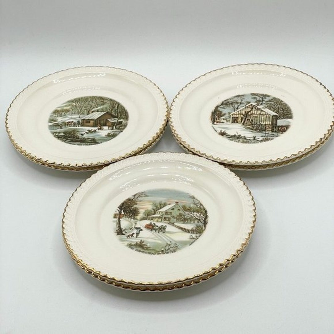Harkerware USA Vintage 1950s Currier and Ives Gold Trimmed Cake Plates ...