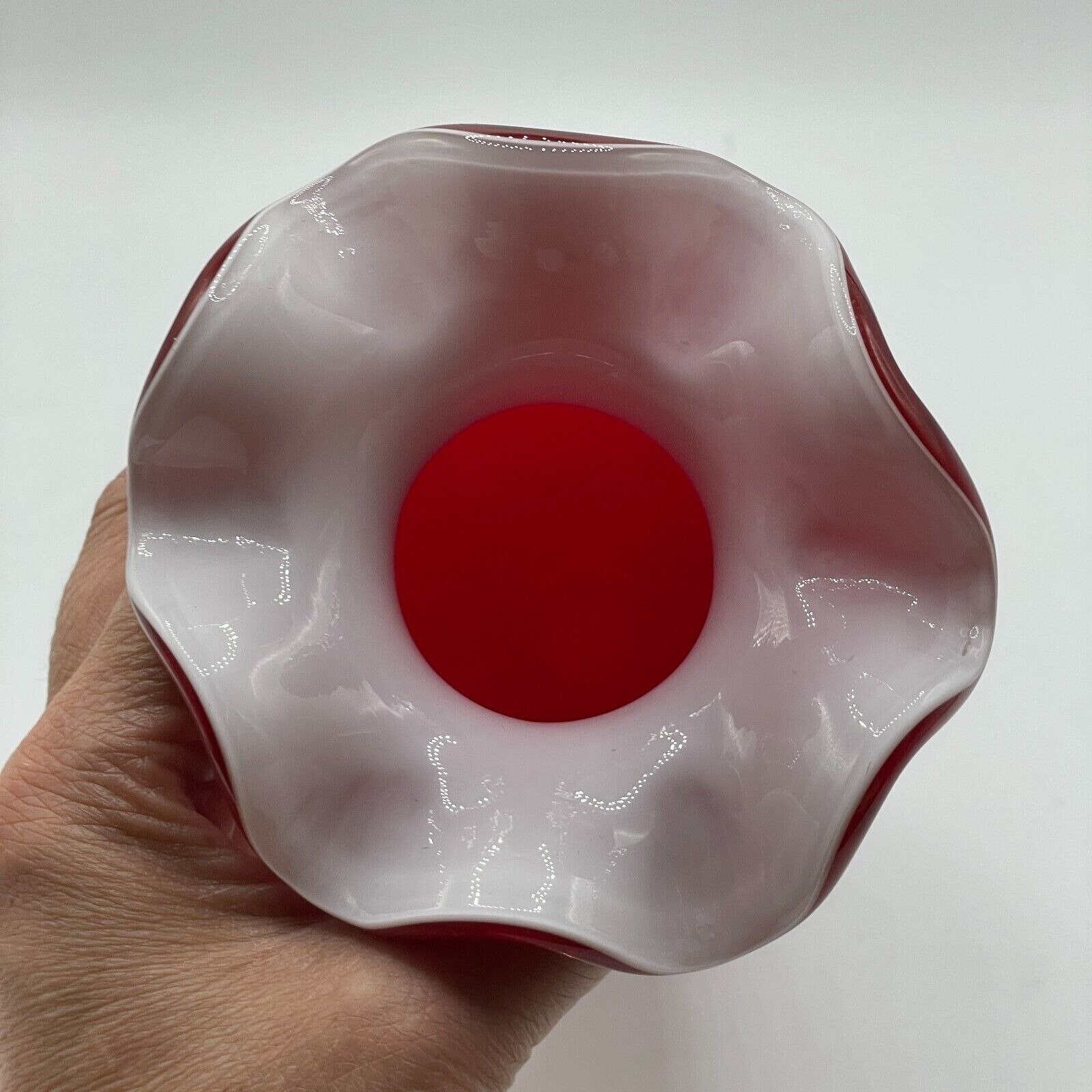 Vintage Ruby Red Cased Hand Blown Art Glass Ruffled Rim Paneled White ...