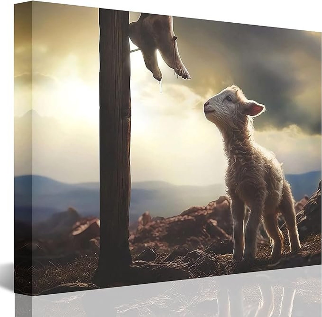 Lamb Looking up at Feet of Jesus Print Religious Christian Home Decor ...