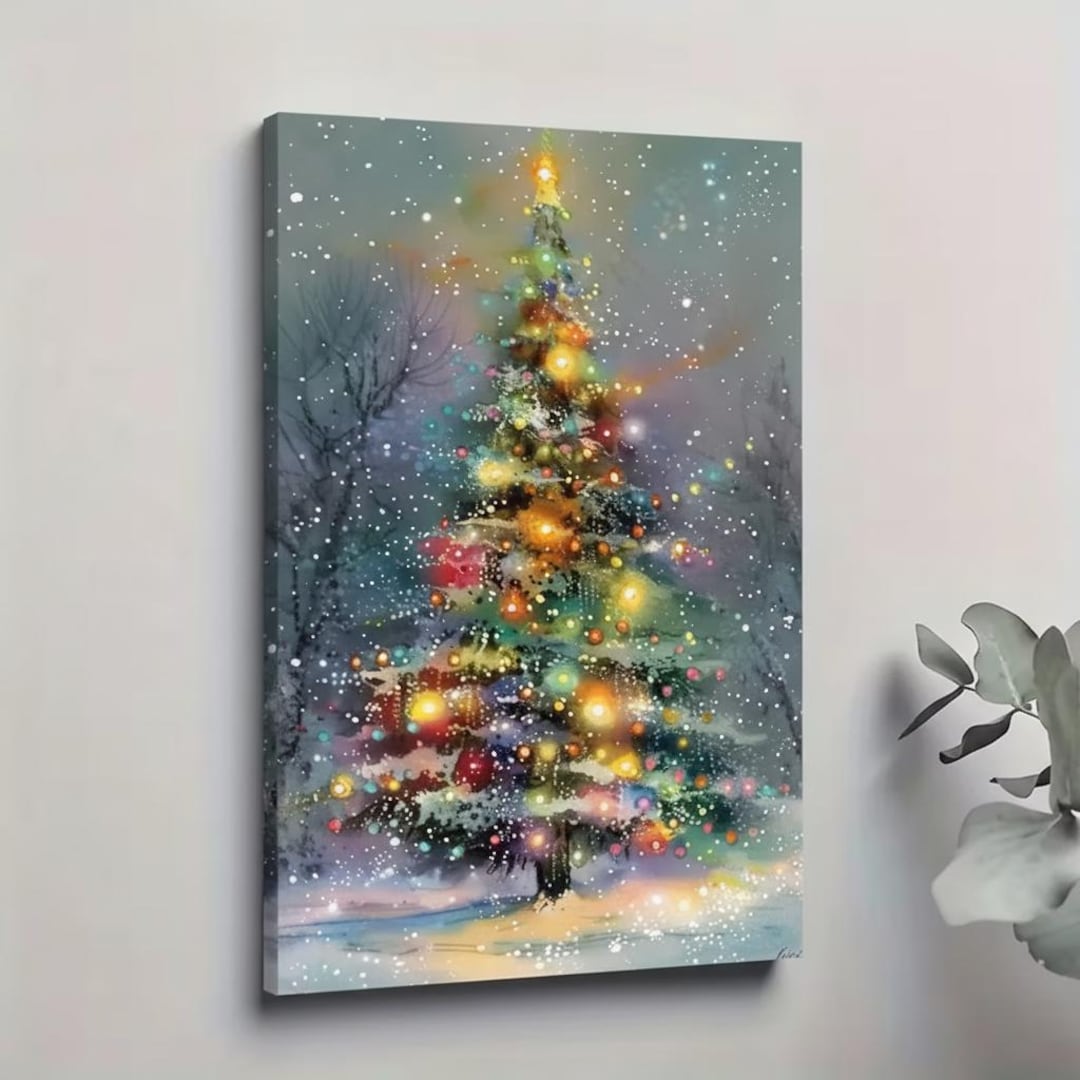 Framed Winter Tree Canvas Wall Art Snowflakes - Modern Winter Night ...