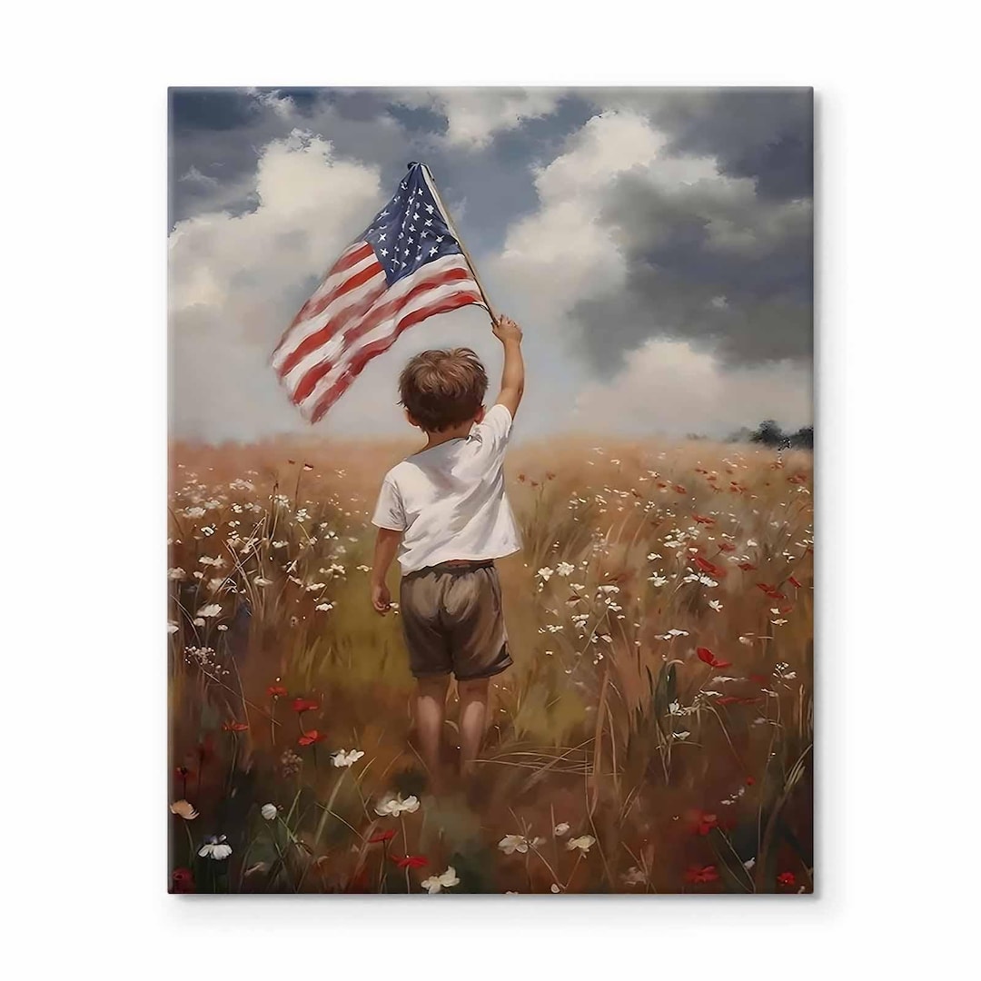 American Flag Canvas Print: Patriotic Boy in Field, Vintage Americana ...