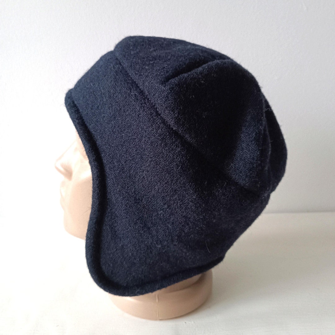 Italian Wool Hat: Lined Earsflap, Midnight Blue Winter Beanie. - Etsy