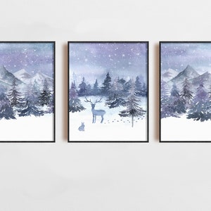 Winter Watercolor Wall Art Set of 3 Prints Christmas Wonderland Nature ...
