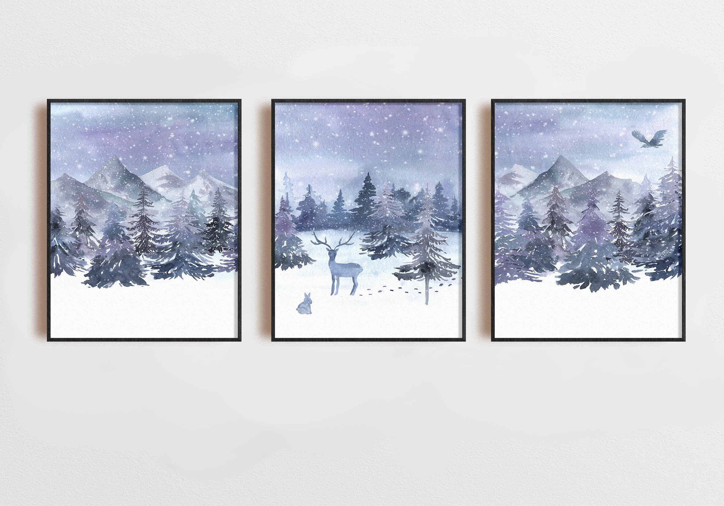 Winter Watercolor Wall Art Set of 3 Prints Christmas - Etsy
