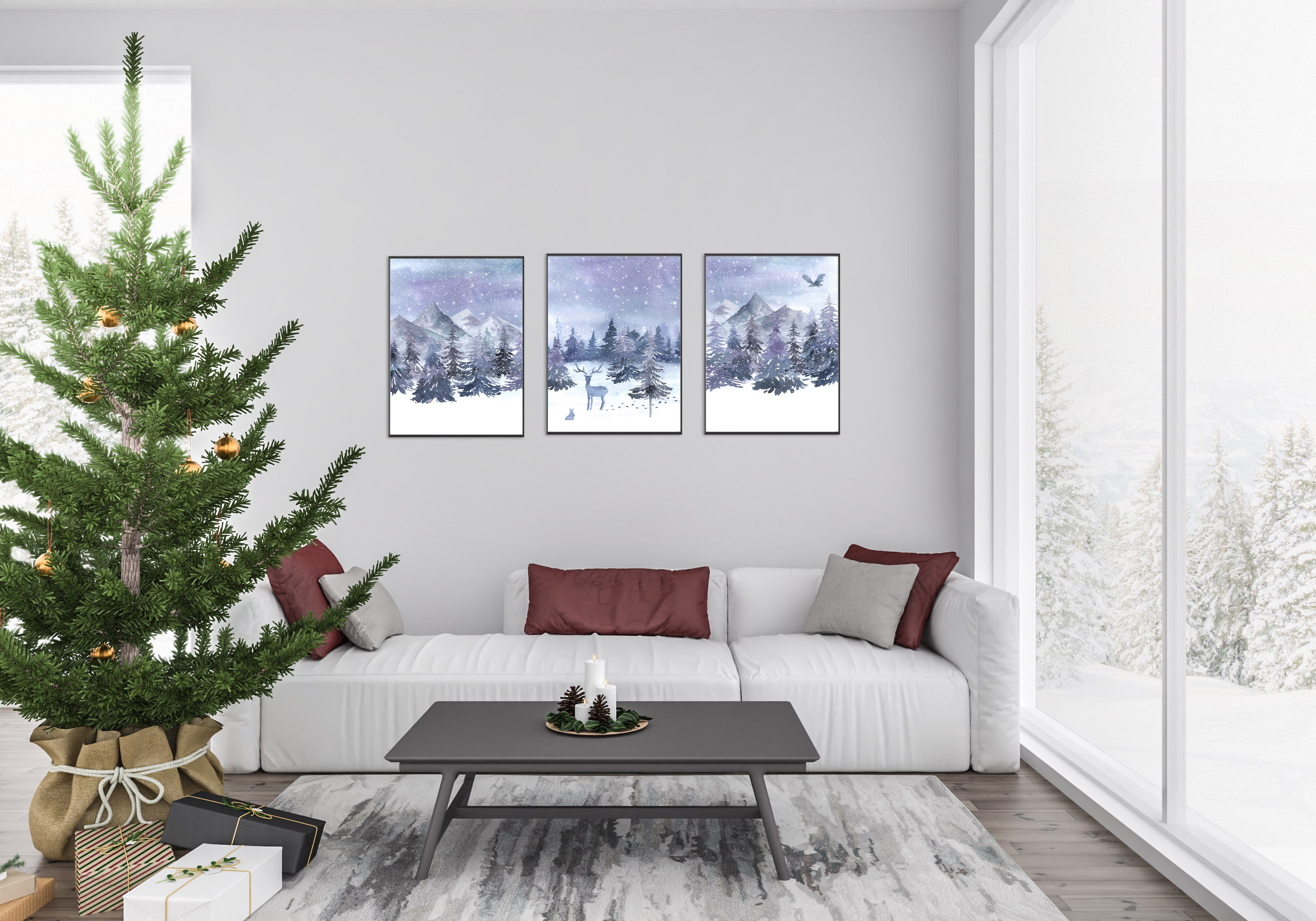 Winter Watercolor Wall Art Set of 3 Prints Christmas - Etsy