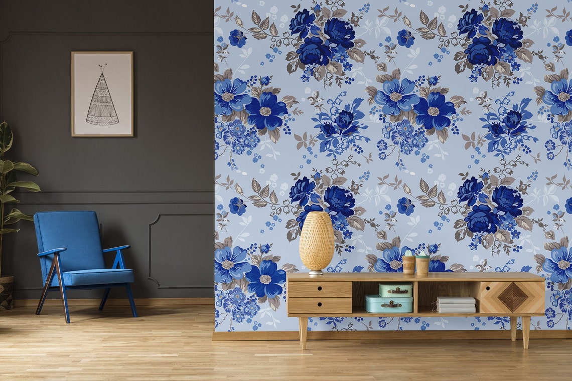 Blue Vintage Floral Wallpaper Botanical Wallpaper Self - Etsy