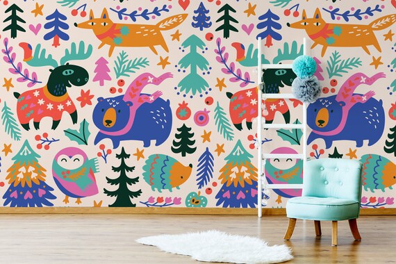 Colorful Woodland Wallpaper With Animals for Kids Self - Etsy