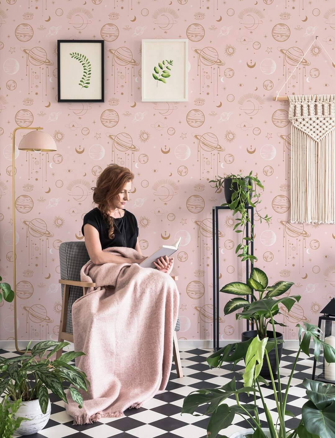 Pink Celestial Pattern Wallpaper, Planets and Stars, Vintage Style ...