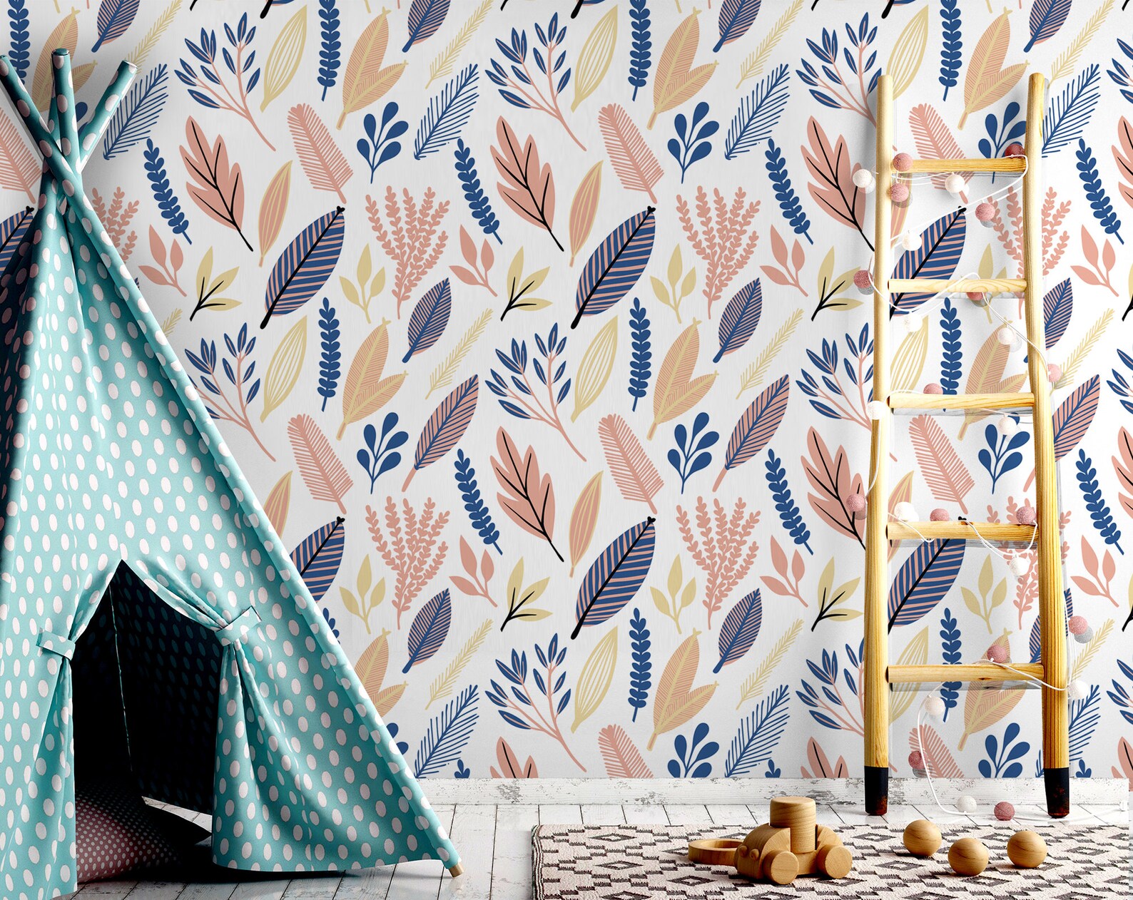 White Wallpaper With Pink and Blue Small Leaf Pattern || for Kids, Self ...