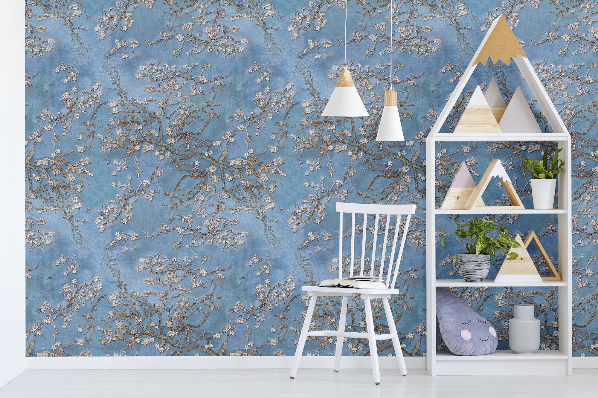 Blue Wallpaper With Blooming Cherry Flowers, Self Adhesive, Peel and ...