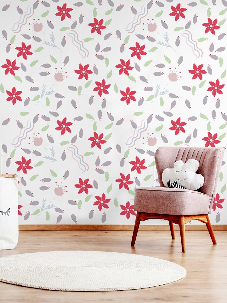 Abstract White Wallpaper With Small Red Flowers for Kids - Etsy