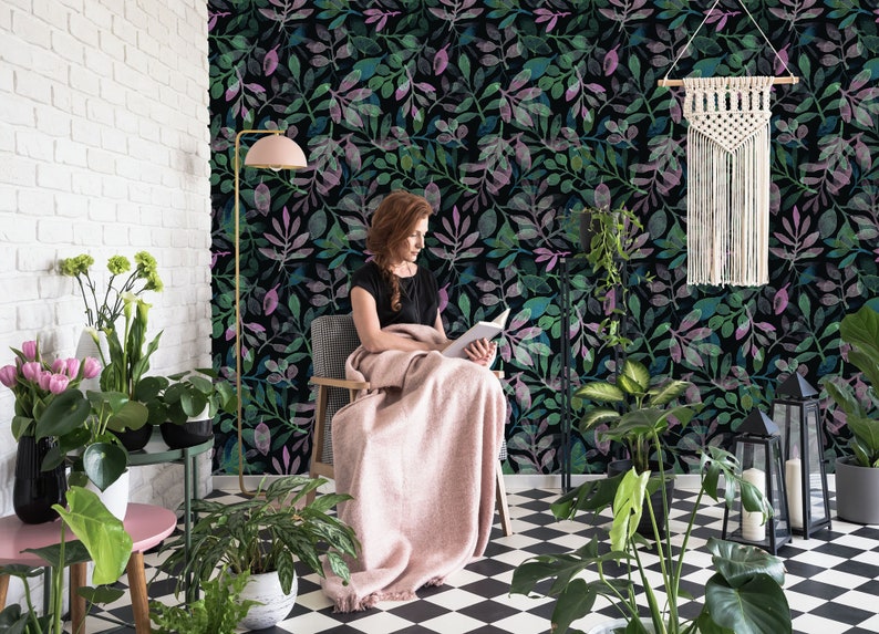 Watercolor Green and Pink Botanical Leaf Pattern Wallpaper • Peel and ...