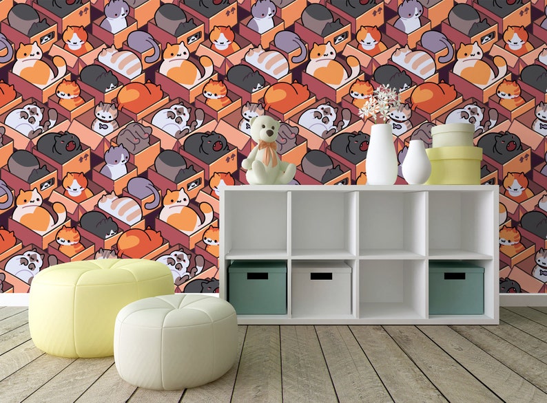 Cartoon Wallpaper With Cute Cats in Boxes Wallpaper for Kids - Etsy