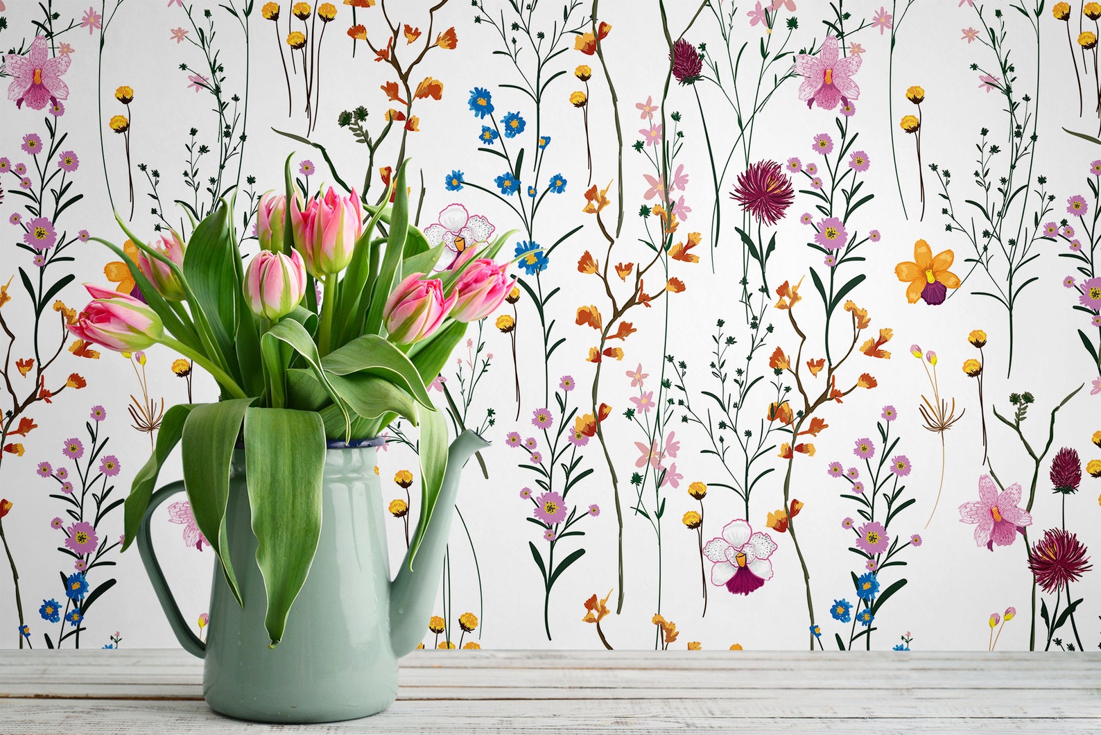White Wallpaper With Small Field Flower Pattern Self - Etsy