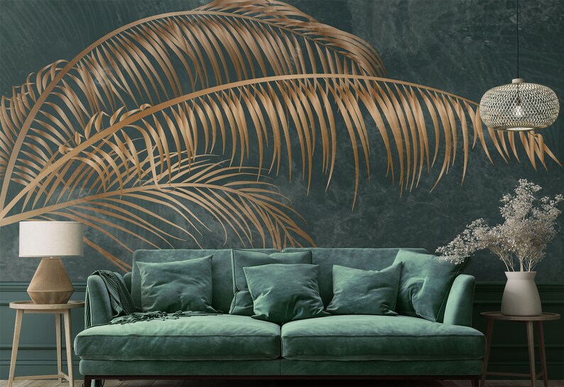 Art Deco Teal Wallpaper With Yellow Gradient Palm Leaves || Self ...