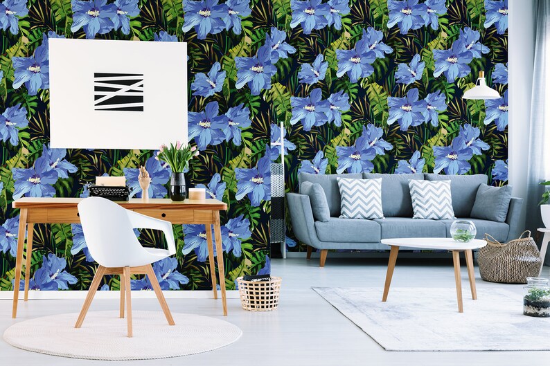 Tropical Blue Flower Pattern Wallpaper Peel and Stick | Etsy