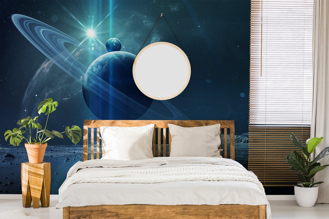 Beautiful Blue Wallpaper With a Ring Planet Self Adhesive - Etsy