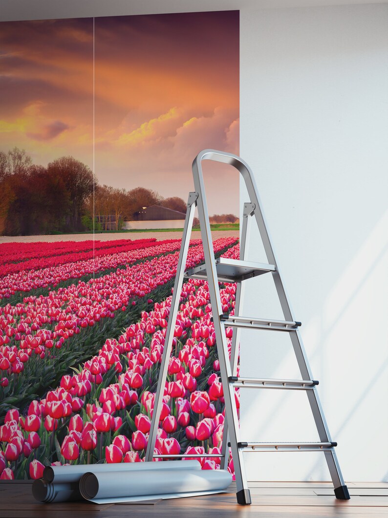 Pink Tulip Farm Wallpaper || Peel and Stick Floral Wall Mural - Etsy