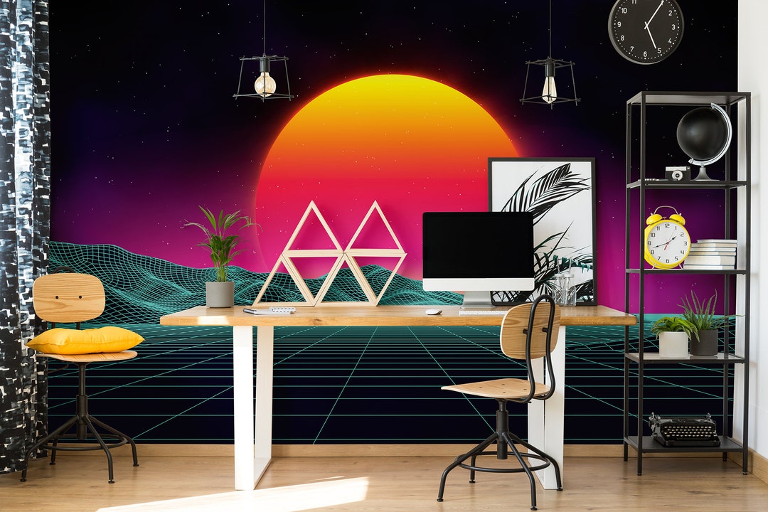 Retro Space Sunset Wallpaper '80s Style, Self Adhesive, Peel and Stick ...