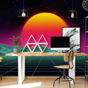 Retro Space Sunset Wallpaper '80s Style, Self Adhesive, Peel and Stick ...