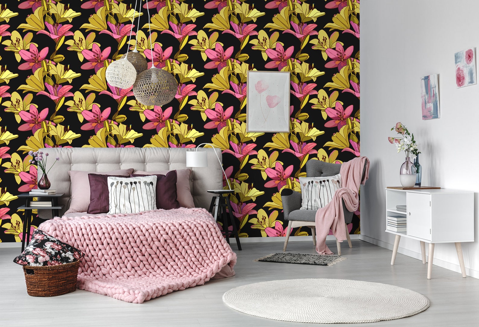 Pink and Yellow Lilies Pattern Wallpaper || Peel and Stick Floral Wall ...