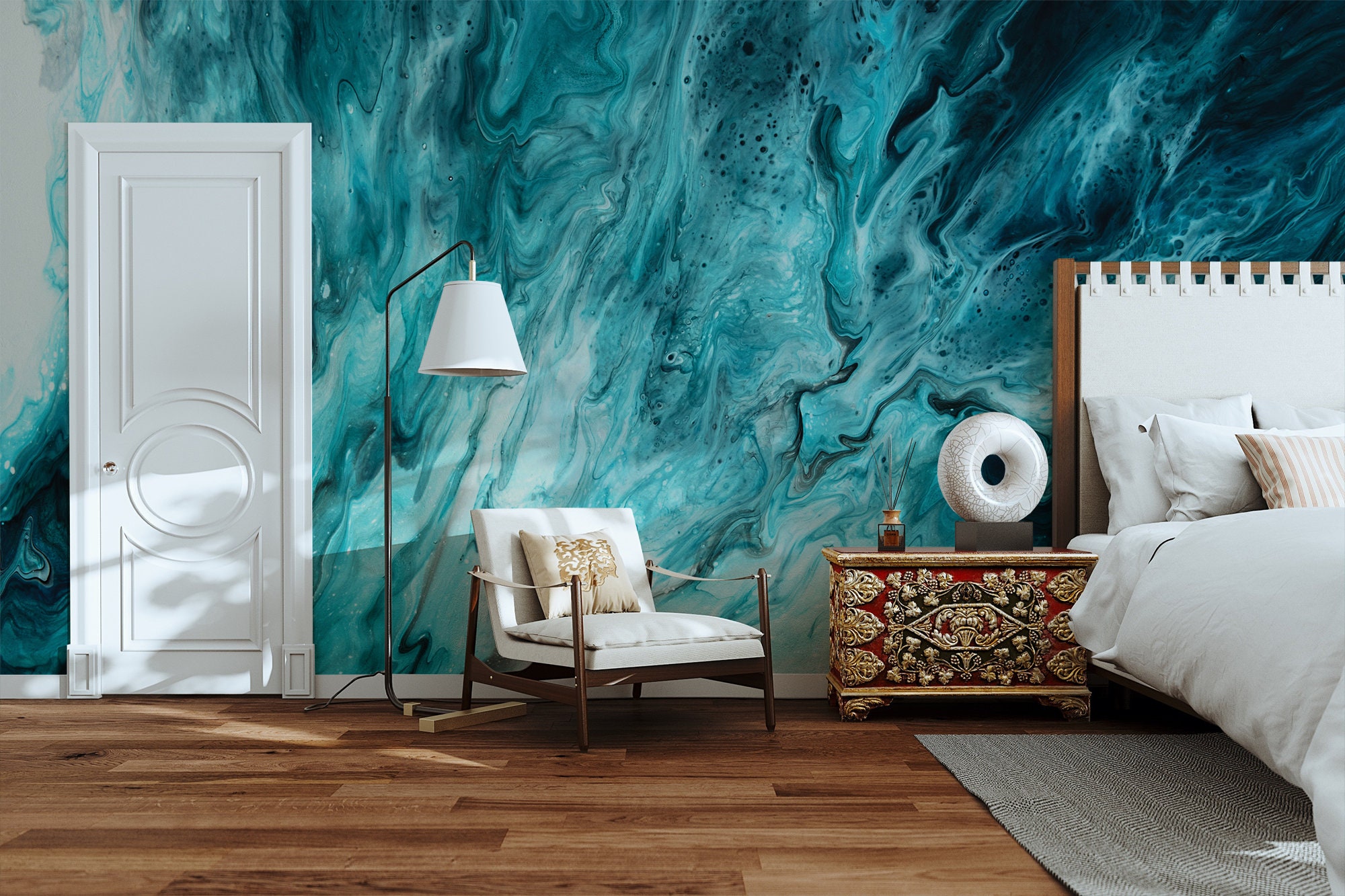 Teal Acrylic Art Wallpaper Abstract Marbled Wavy Pattern - Etsy