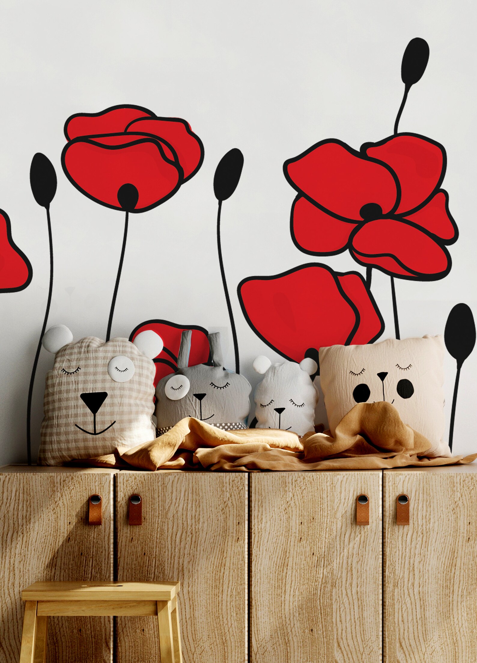 White Wallpaper With Poppy Flowers || for Kids, Self Adhesive, Peel and ...
