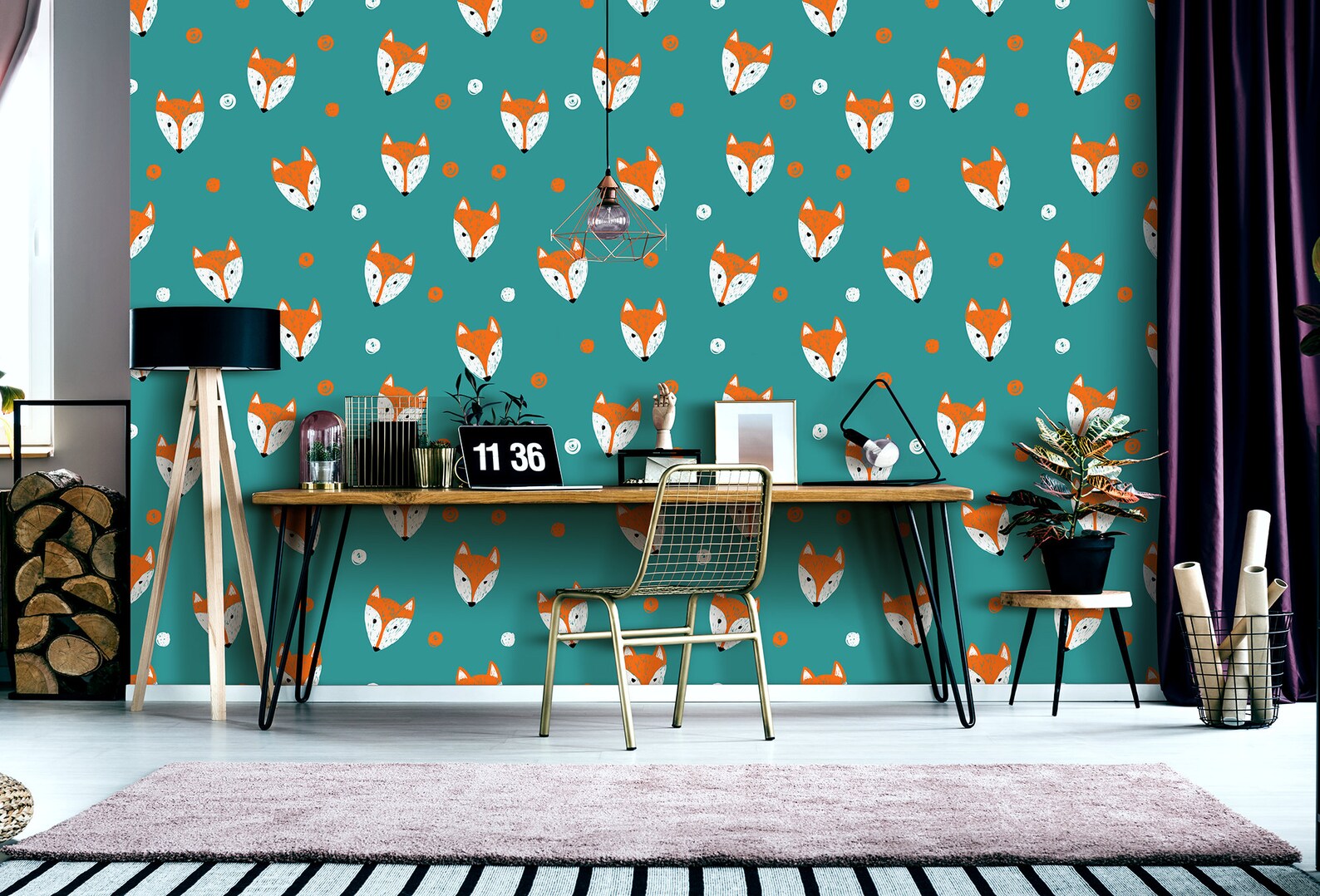 Teal Wallpaper With Fox Pattern for Kids Self Adhesive - Etsy