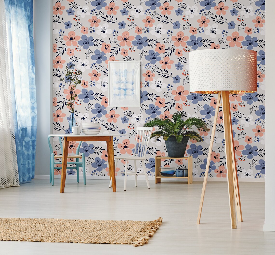 Wallpaper With Pink and Blue Floral Pattern Self Adhesive | Etsy