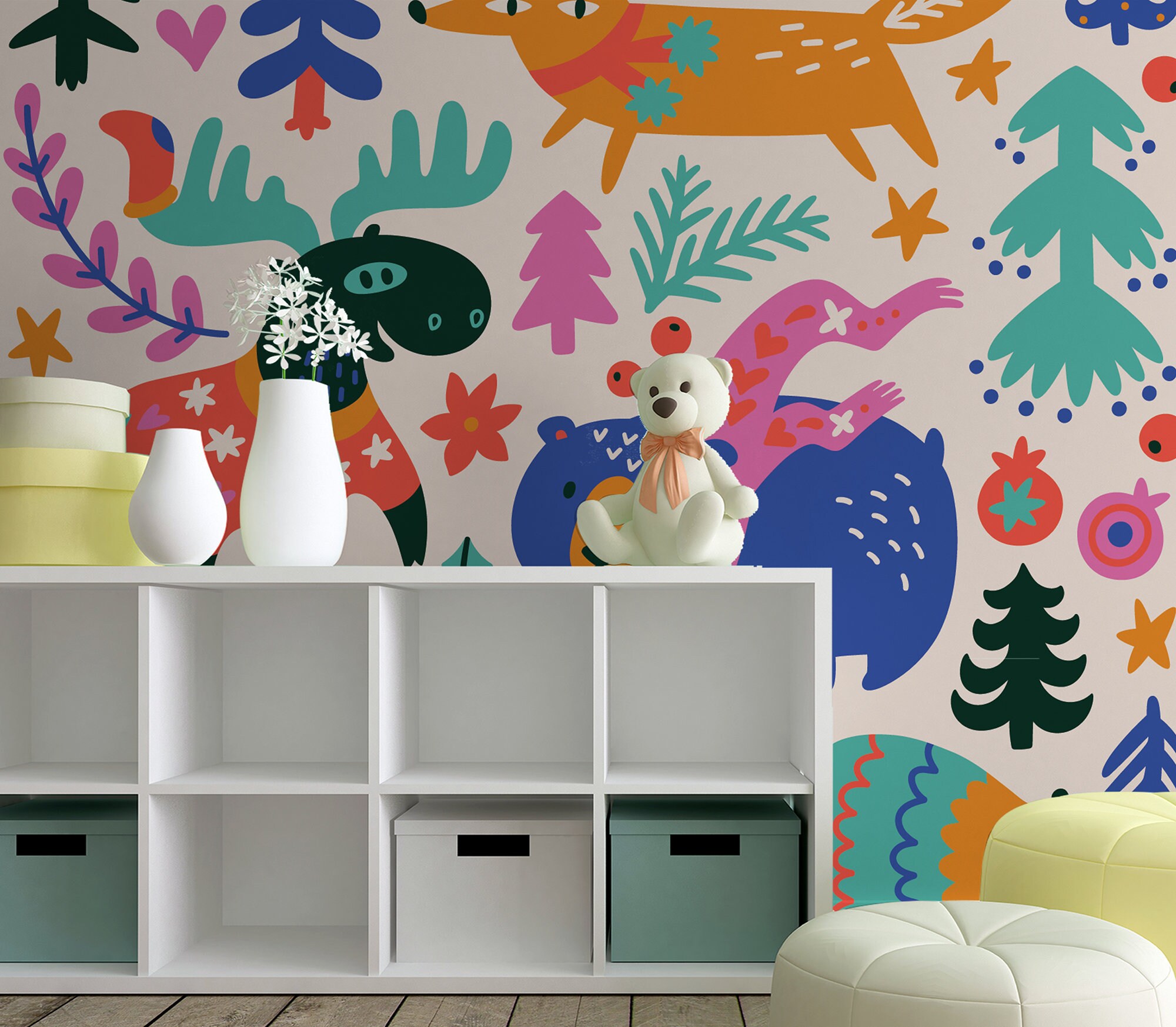 Colorful Woodland Wallpaper With Animals for Kids Self - Etsy
