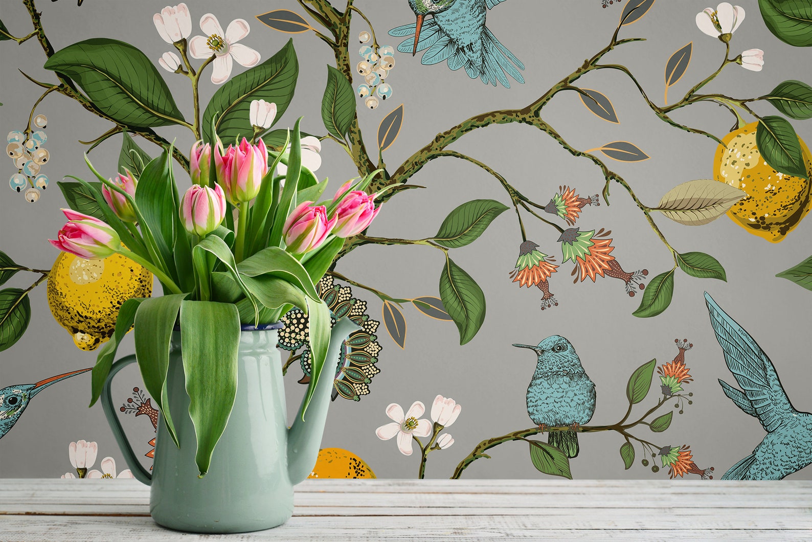 Wallpaper With Blue Birds and Lemon Fruits, Self Adhesive, Peel and ...