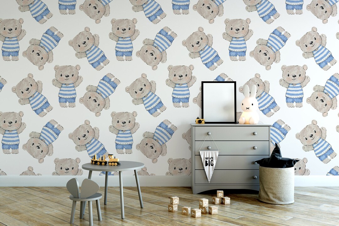 White Wallpaper With Teddy Bear Pattern || for Kids, Self Adhesive ...