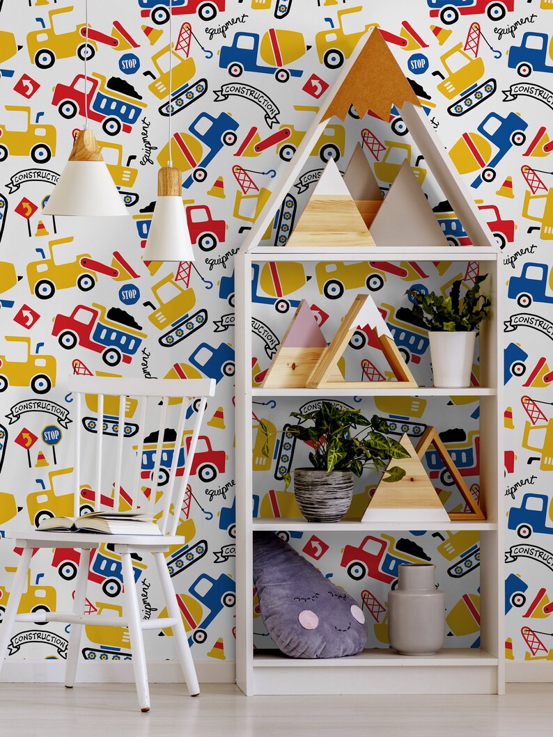 Truck and Digger Pattern Wallpaper, Wallpaper for Kids, Self Adhesive ...
