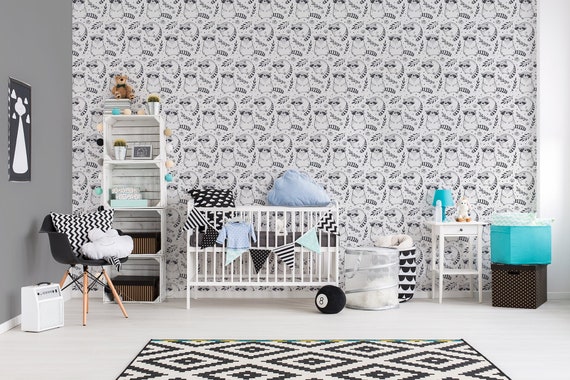 White Wallpaper With Navy Raccoon Pattern Wallpaper for - Etsy