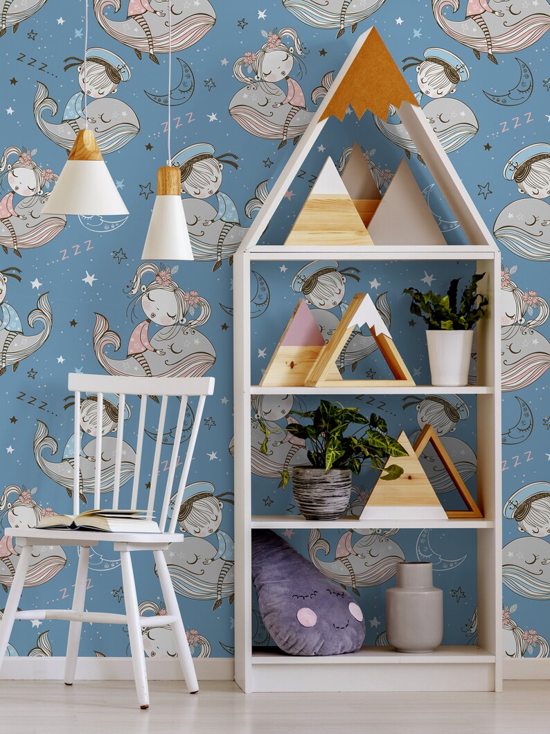 Blue Wallpaper With Kids and Whales Wallpaper for Kids Self - Etsy