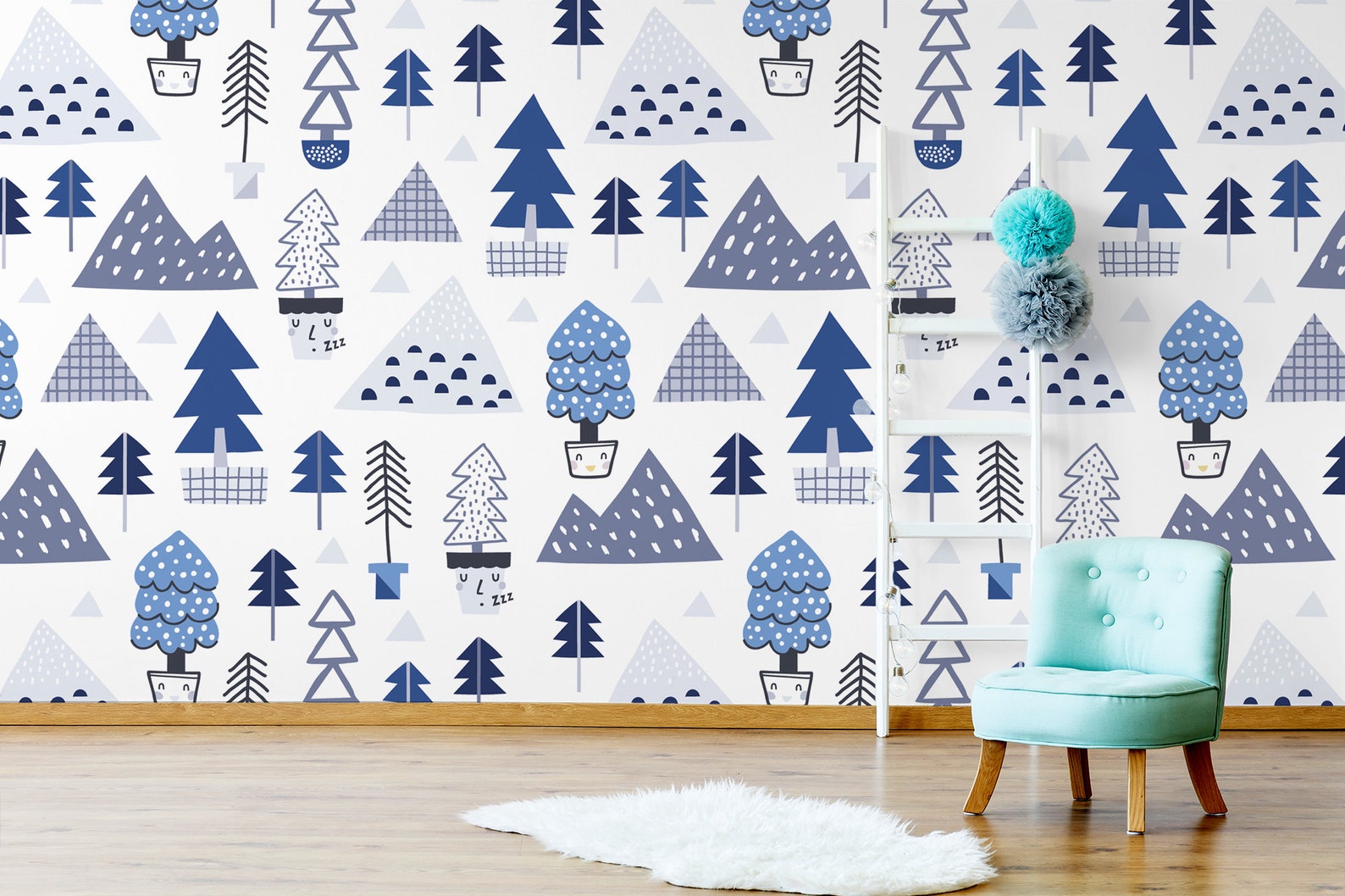 White Wallpaper With Blue Tree Pattern for Kids Self - Etsy