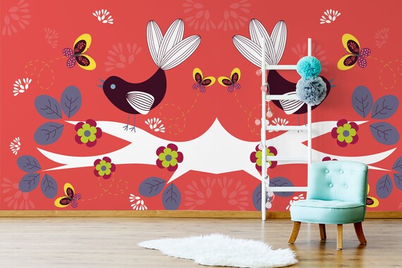 Red Funky Wallpaper With Bird Butterflies and Flowers for | Etsy
