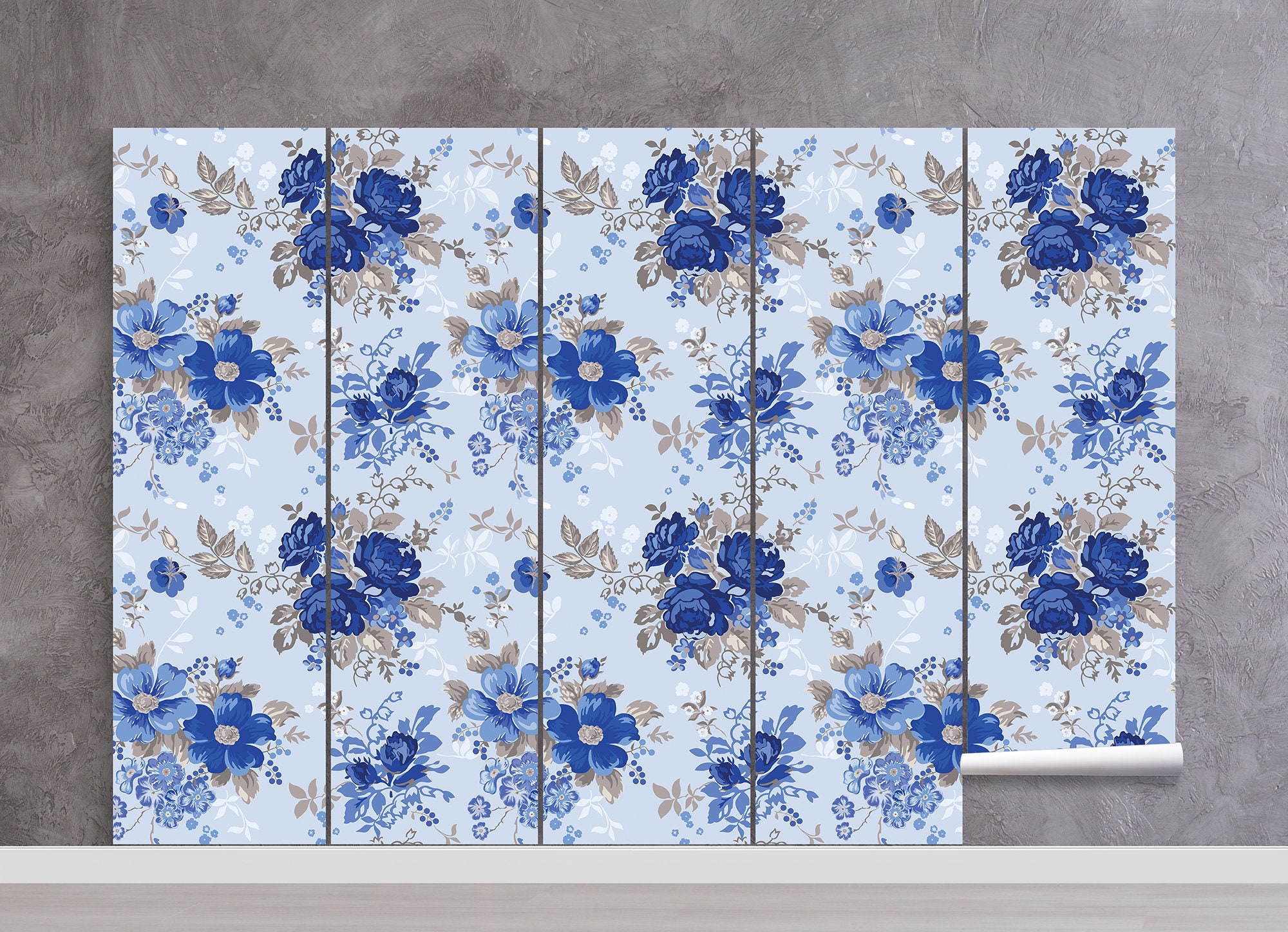 Blue Vintage Floral Wallpaper Botanical Wallpaper Self - Etsy