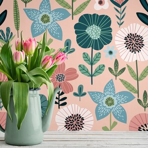 Pink and Blue Cartoon Floral Pattern Wallpaper, Self Adhesive, Peel and ...