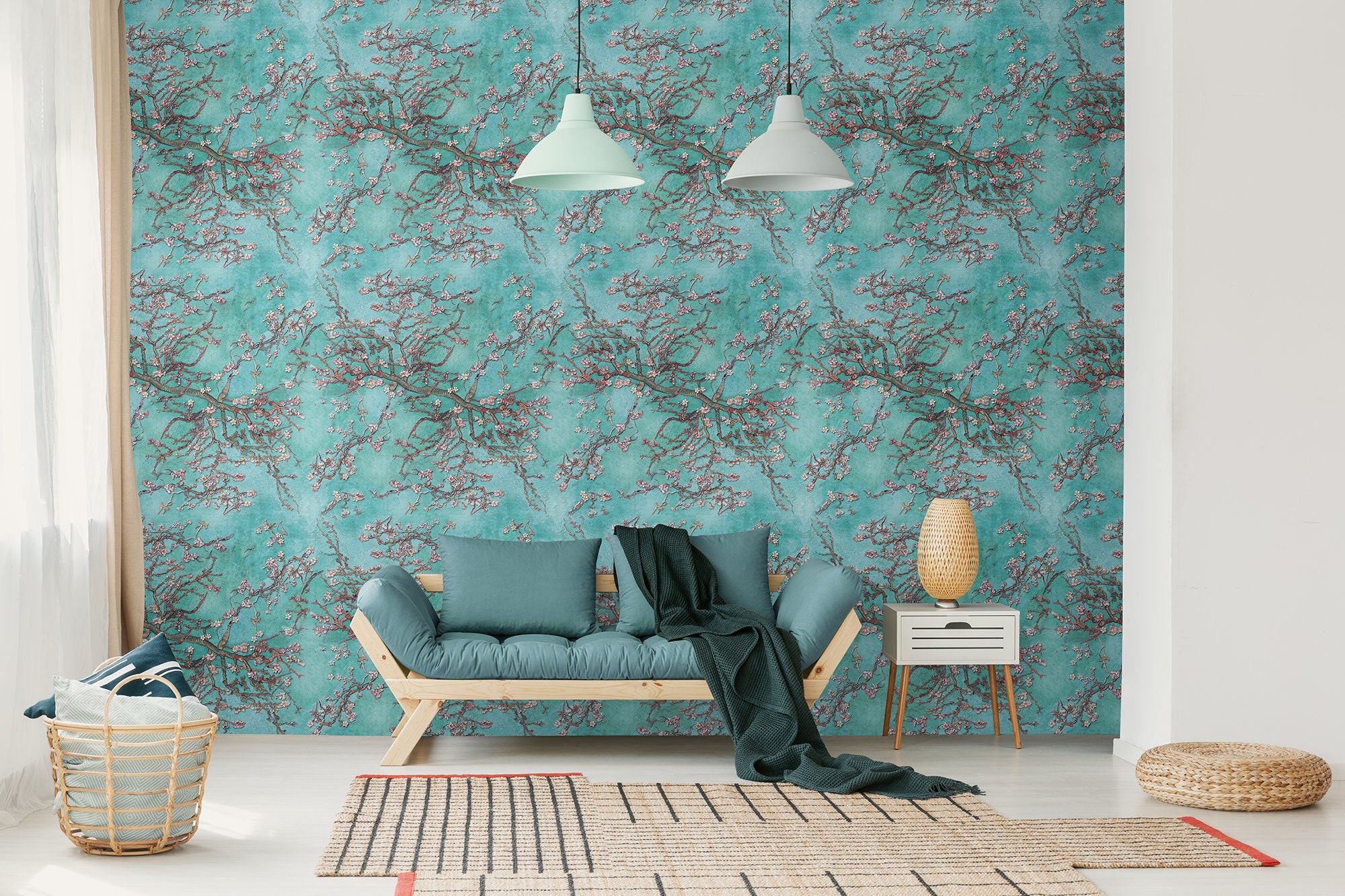 Blue Wallpaper With Blooming Cherry Tree Pattern || Peel and Stick ...