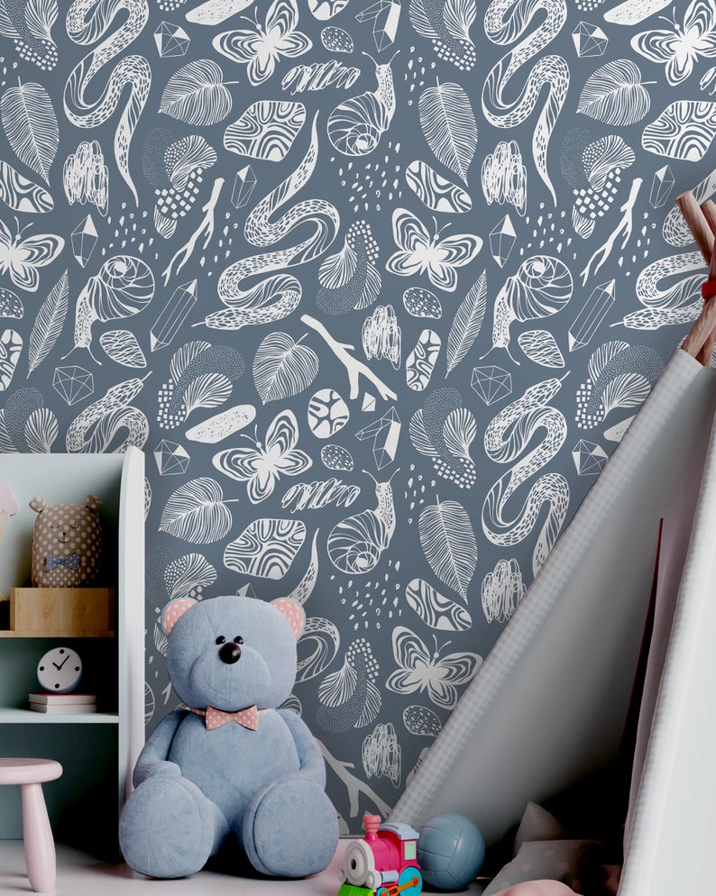 Gray-blue Wallpaper With White Nature Themed Patterns for - Etsy