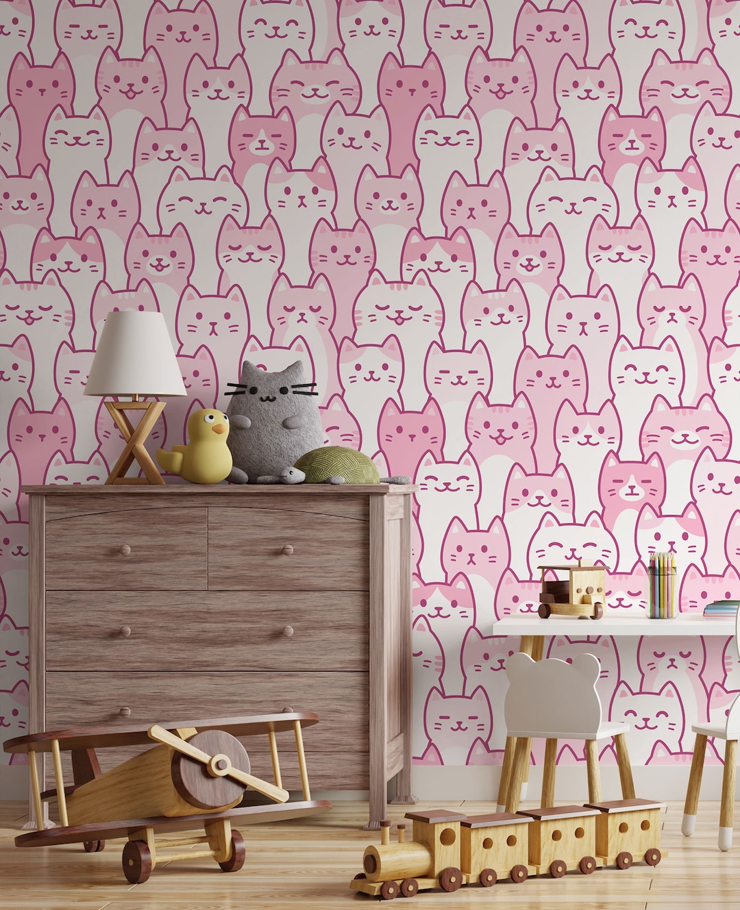 Cute Pink Cat Pattern, Girls Room Wallpaper, Nursery Wall Mural, Animal ...