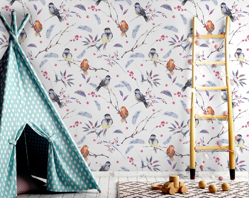 Watercolor Wallpaper With Blue and Red Bird Pattern for - Etsy