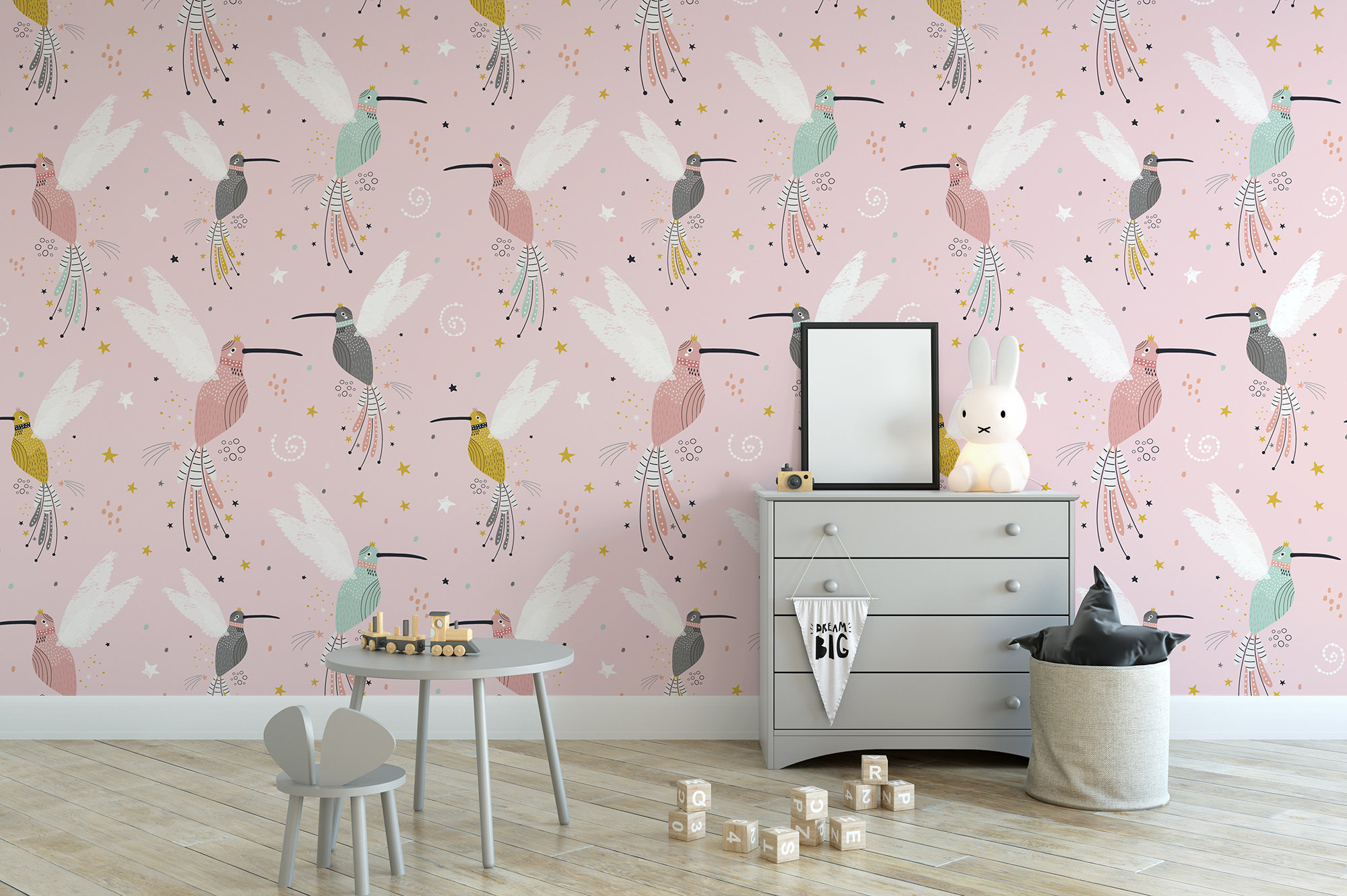 Pink Wallpaper With Humming Bird Pattern for Kids Self - Etsy