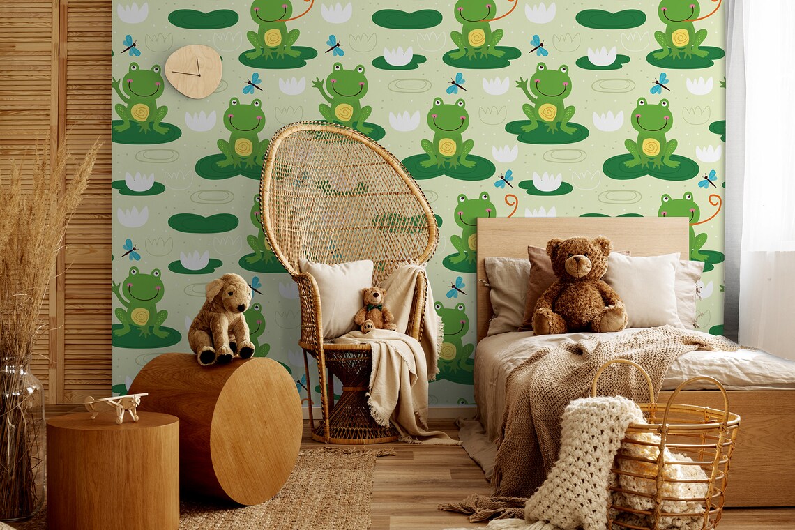 Green Wallpaper With Cartoon Frog Pattern for Kids Self | Etsy