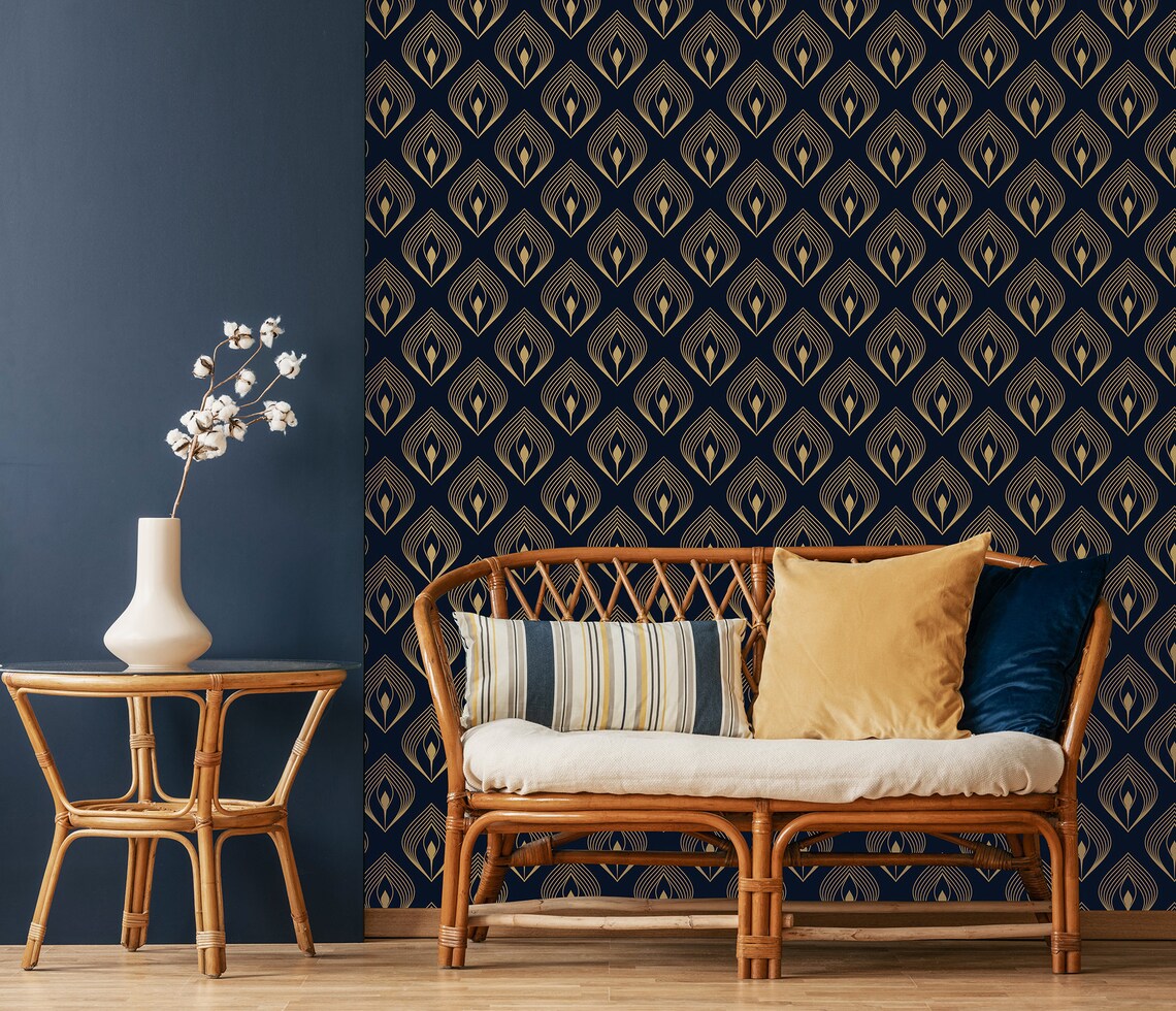 Navy Wallpaper With Small Yellow Geometric Pattern, Self Adhesive, Peel ...