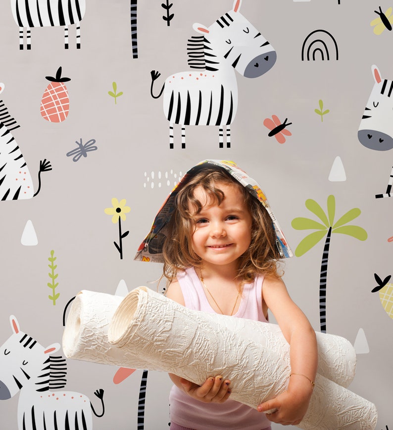 Gray Wallpaper With Cartoon Zebra Pattern for Kids Self - Etsy