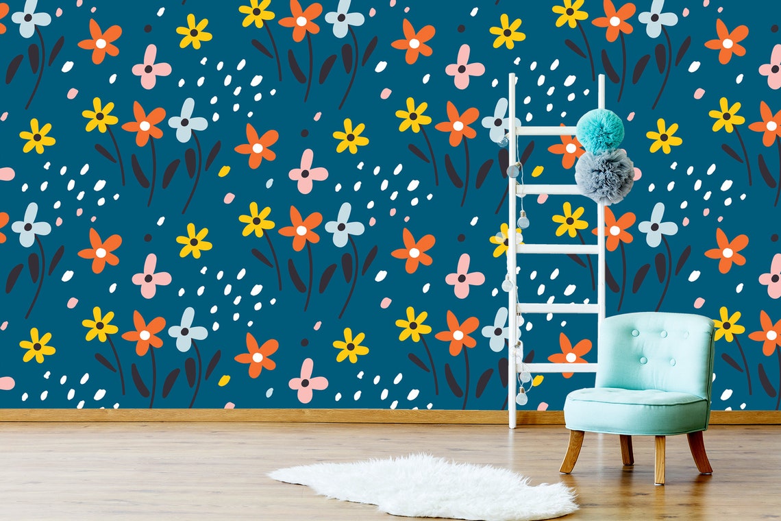 Blue Wallpaper With Colorful Cartoon Flowers for Kids Self - Etsy