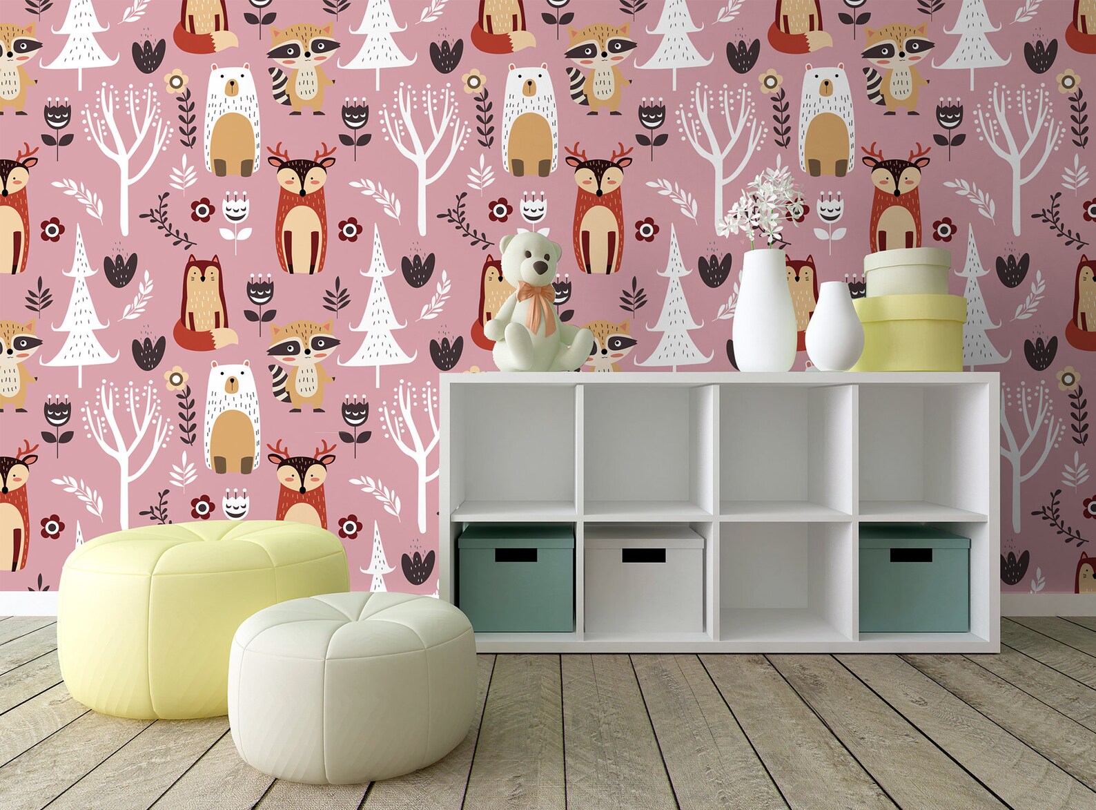 Pink Wallpaper With Cute Animals and Trees Wallpaper for | Etsy