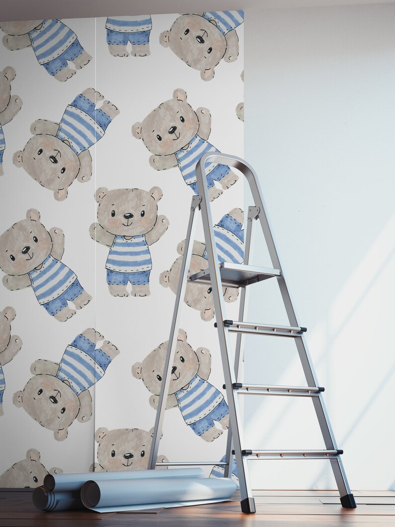White Wallpaper With Teddy Bear Pattern for Kids Self - Etsy